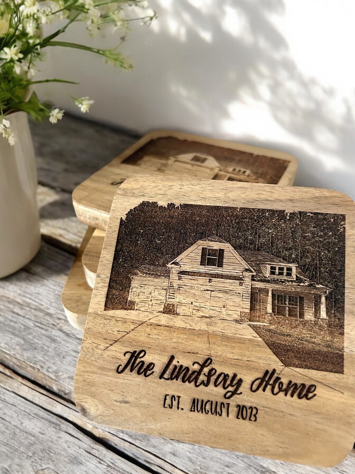 Personalized House Photo Engraved Coaster | Custom Acacia Wood Gift fo ...